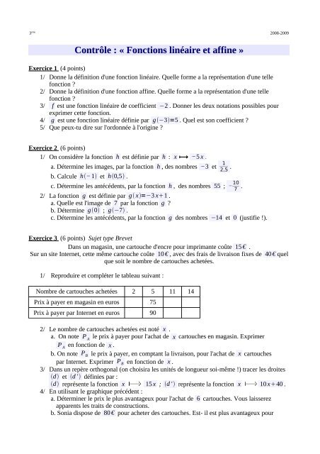 Contrôle : « Fonctions linéaire et affine