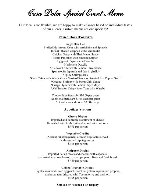 Casa Dolce Special Event Menu