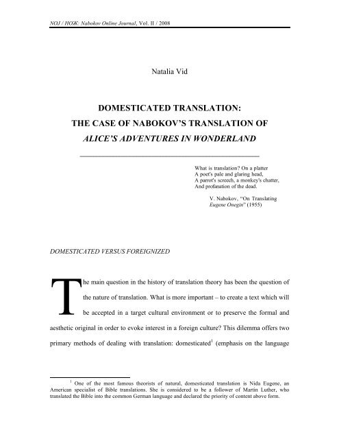domesticated translation: the case of nabokov's translation of alice's