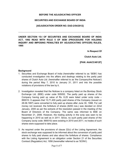 ADJUDICATION ORDER NO. EAD-2/54/2012 - Securities and ...