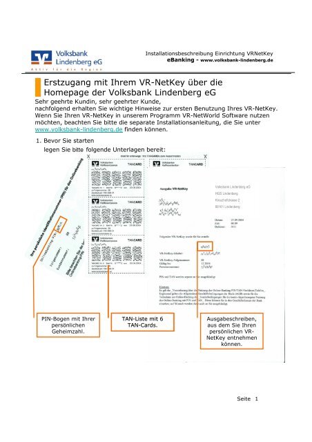 Leitfaden Erstzugang mit VR-NetKey - Volksbank Lindenberg eG