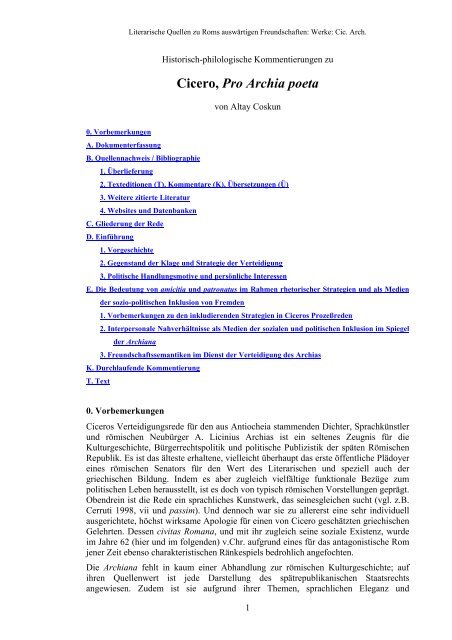 Cicero, Pro Archia poeta - Fremdheit und Armut - Universität Trier