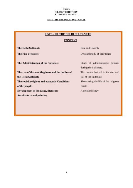 UNIT – III THE DELHI SULTANATE CONTENT The Delhi Sultanate ...
