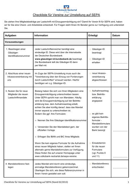 Checkliste zur Umstellung auf SEPA (PDF) - Volksbank Neckartal eG