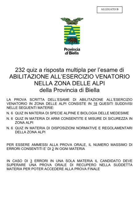 quiz abilitazione all'esercizio venatorio zona alpi. - Atcbi1
