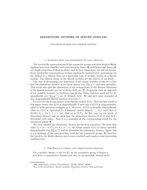 ELEMENTARY DIVISORS OF SPECHT MODULES 1. Introduction ...