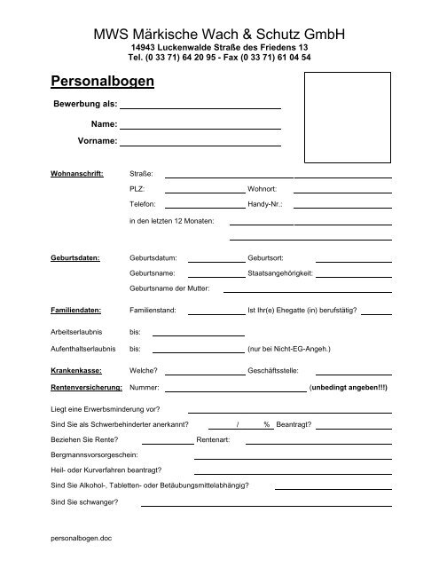 MWS Märkische Wach & Schutz GmbH Personalbogen