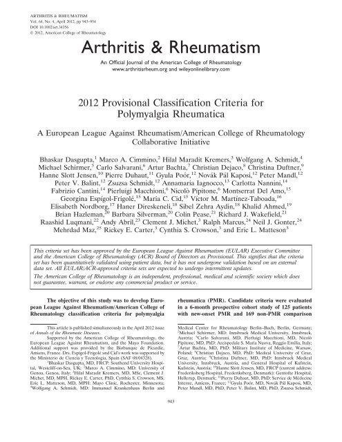 Classification Criteria for Polymyalgia Rheumatica - American ...