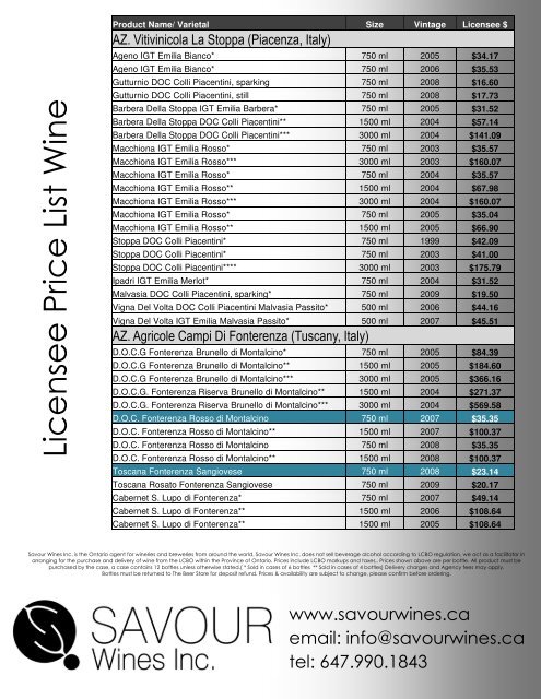 Licensee Price List Wine - Savour Wines