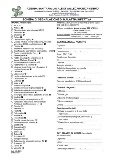 scheda di segnalazione di malattia infettiva - ASL Vallecamonica scheda di segnalazione di malattia infettiva - ASL Vallecamonica