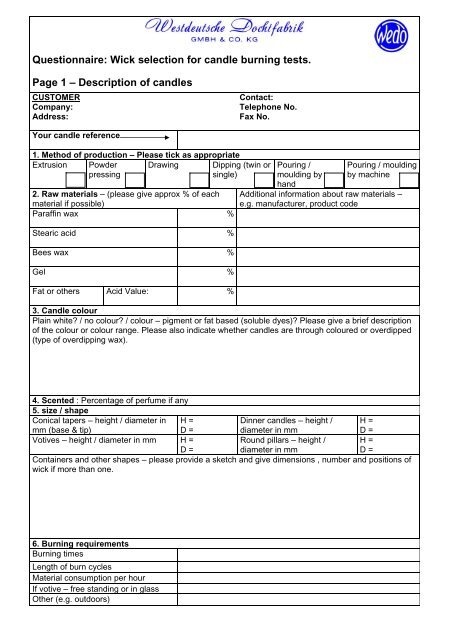 Questionnaire: Wick selection for candle burning tests. Page 1 ...