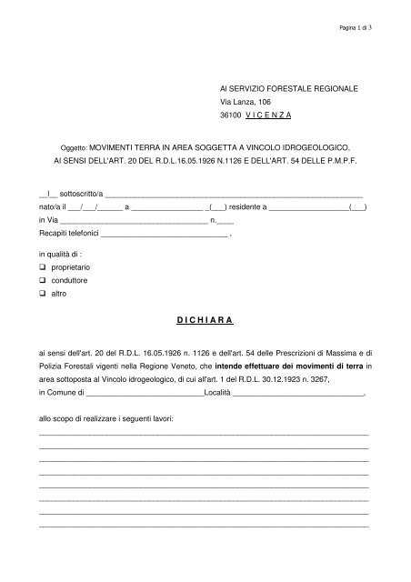 Richiesta nulla osta movimentiterra servizio forestale Vicenza
