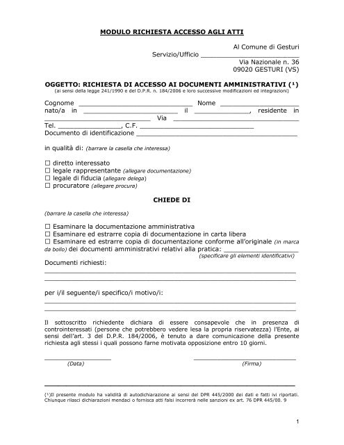 MODULO RICHIESTA ACCESSO AGLI ATTI Al Comune di Gesturi ...