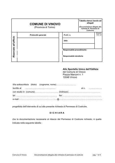 Tab elenco tavole e allegati Permesso di Costruire 09 - Comune di ...