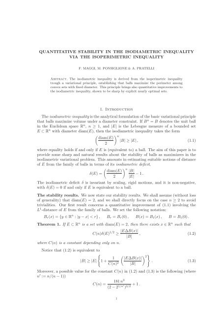QUANTITATIVE STABILITY IN THE ISODIAMETRIC INEQUALITY ...