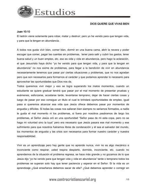 DIOS QUIERE QUE VIVAS BIEN Juan 10:10 El ladrón viene ...