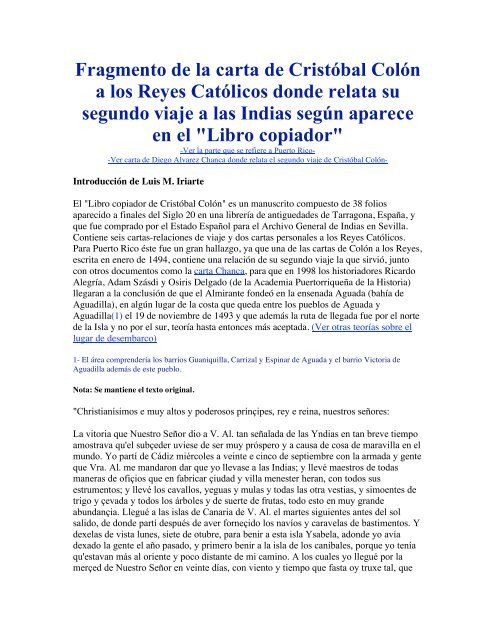 Fragmento de la carta de Cristóbal Colón a los Reyes ... - Puerto Rico
