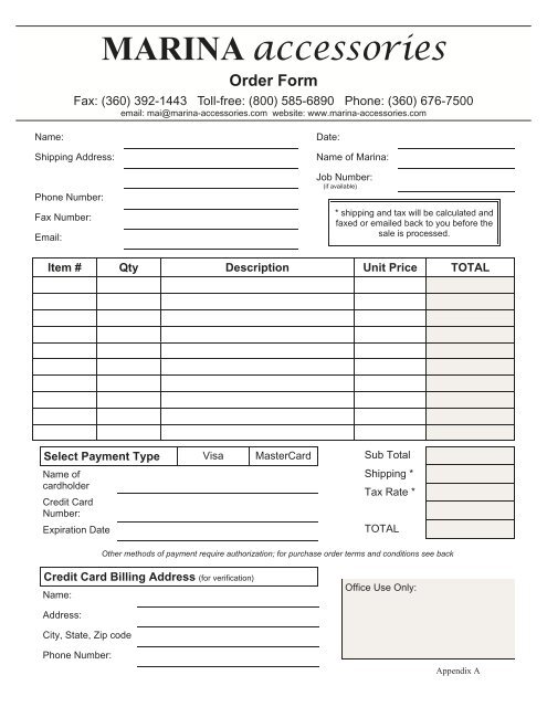 MARINA accessories Reorder Form: Walers & Rub-Boards