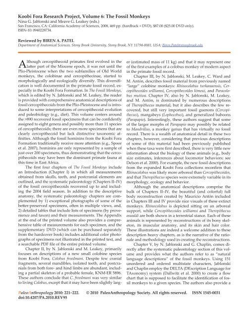 Koobi Fora Research Project, Volume 6: The Fossil Monkeys