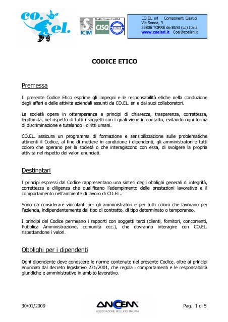 COEL Codice Etico - Mollificio Co.El. S.r.l.