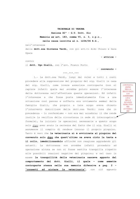 TRIBUNALE DI VERONA Sezione XI^ - G.U. Dott. Zic Memoria ex art ...
