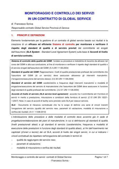 monitoraggio e controllo dei servizi in un contratto ... - GlobalService.tv