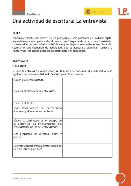 Una actividad de escritura: La entrevista. Carme Durán - Docentes
