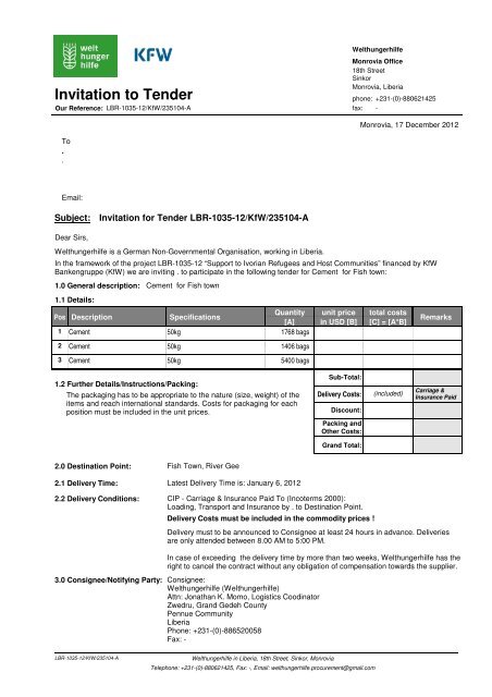 Invitation for Tender - ITT - Welthungerhilfe