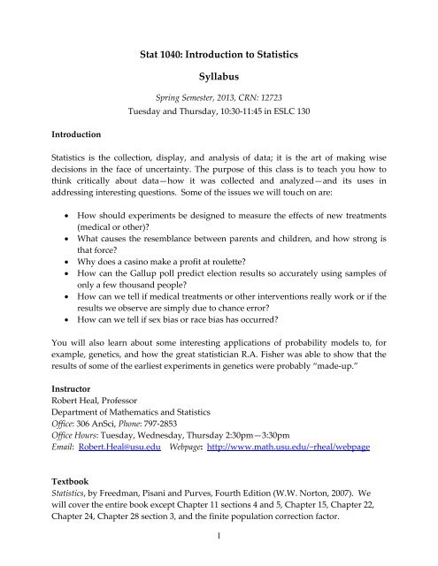 Stat 1040 Introduction To Statistics Syllabus Department Of