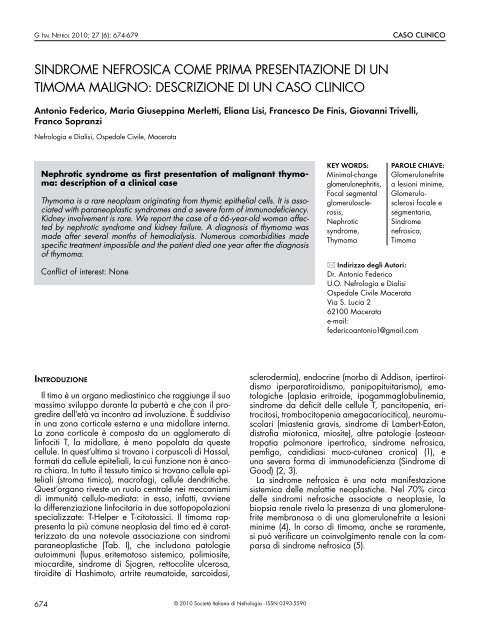 sindrome nefrosica come prima presentazione di un timoma maligno