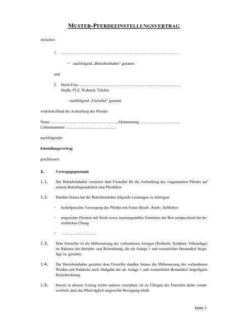 Muster eines Pferdeeinstellungsvertrages