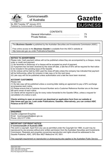 Business Gazette - Australian Securities and Investments Commission