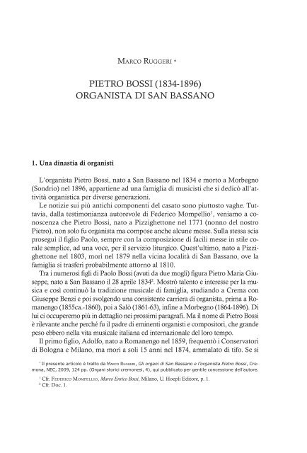 PIETRO BOSSI (1834-1896) ORGANISTA DI SAN BASSANO