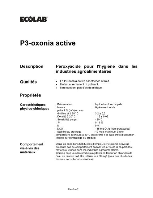 Fiche Technique P3 - Oxonia Active - Alisma Filtration