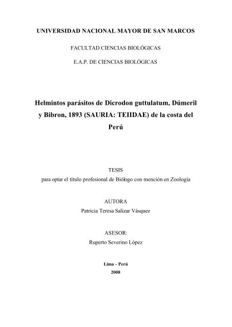 Helmintos parásitos de Dicrodon guttulatum, Dúmeril y ... - Cybertesis
