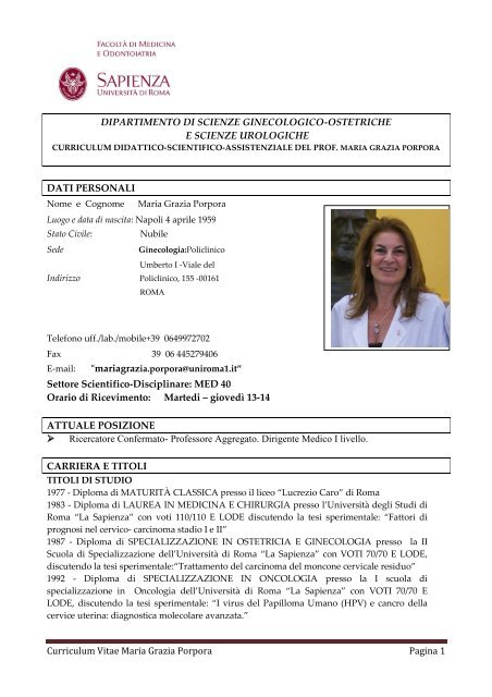 Curriculum Vitae Maria Grazia Porpora Pagina 1 DIPARTIMENTO DI ...