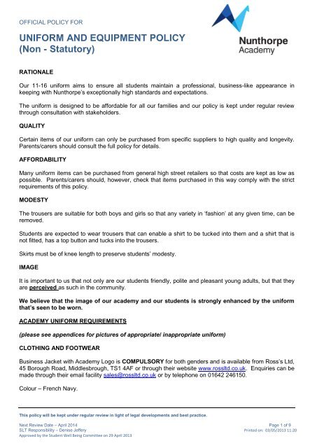 UNIFORM AND EQUIPMENT POLICY (Non ... - Nunthorpe School