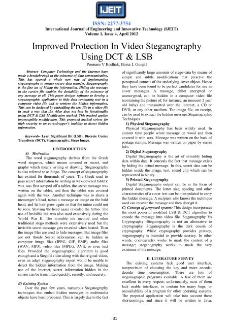 Improved Protection In Video Steganography Using DCT & LSB - ijeit