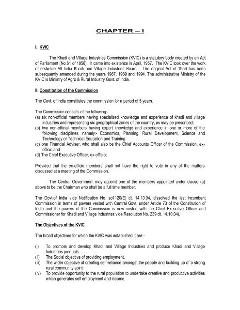 CHAPTER – I I. KVIC The Khadi and Village Industries Commission ...