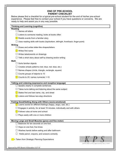 end of pre-school parent checklist - Kalamazoo Public Schools