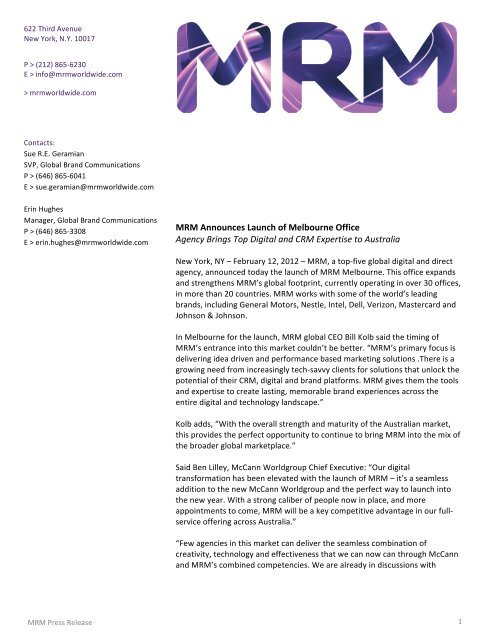 MRM Announces Launch of Melbourne Office ... - MRM Worldwide