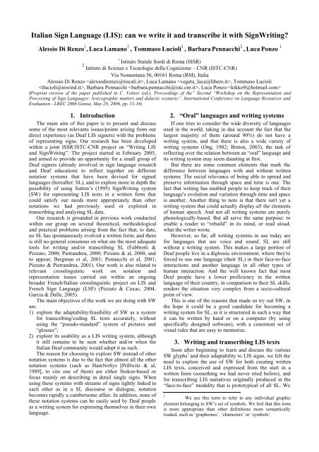 Italian Sign Language (LIS): can we write it and ... - Sign Writing