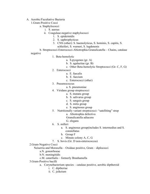 A. Aerobic/Facultative Bacteria 1.Gram-Positive Cocci a ...