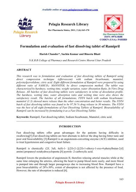 Formulation And Evaluation Of Fast Dissolving Tablet Of Pelagia