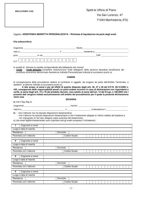 Modulo da compilare per l'erede delegato - Comune di Manfredonia