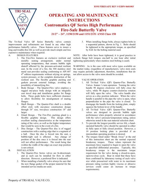 OPERATING AND MAINTENANCE INSTRUCTIONS ... - tri-seal valve