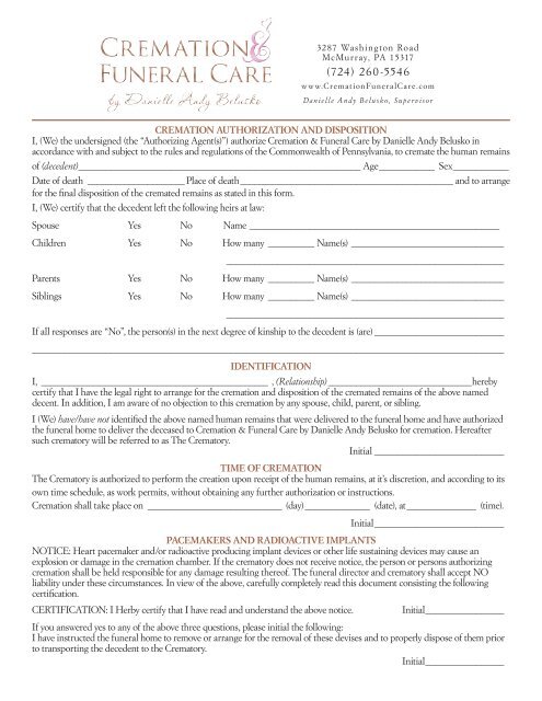 Cremation Authorization - Cremation and Funeral Care by Danielle ...