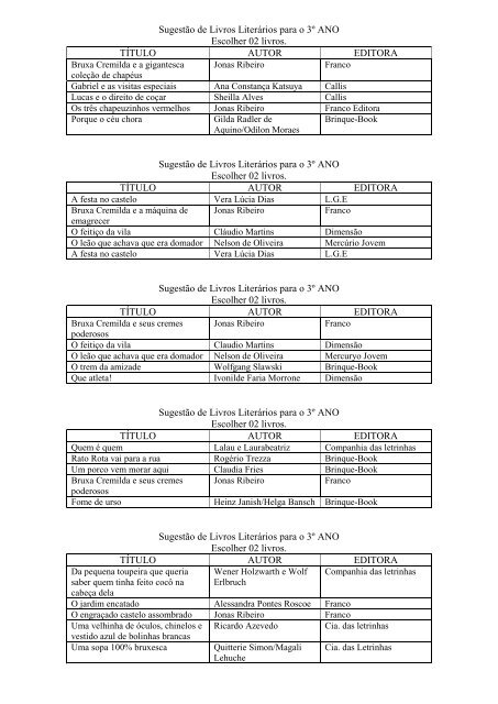 Sugestão de Livros Literários para o 3º ANO Escolher 02 livros ...