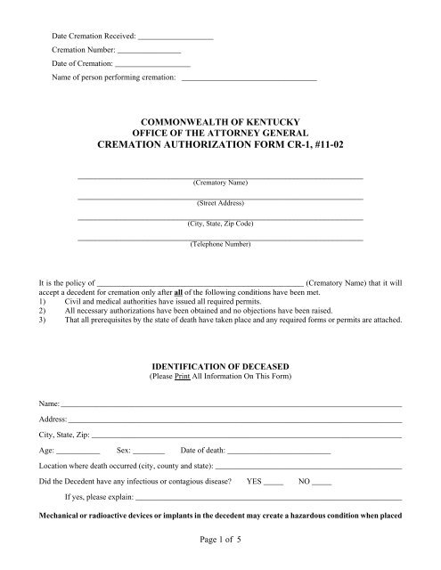Cremation Authorization Form CR-1 - Grissom-Martin Funeral Home