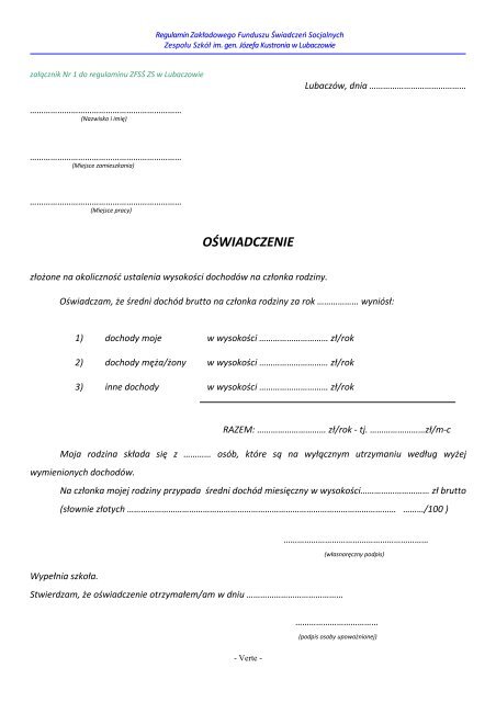 Załącznik nr1 oświadczenie o dochodach - Zespół Szkół im. gen ...